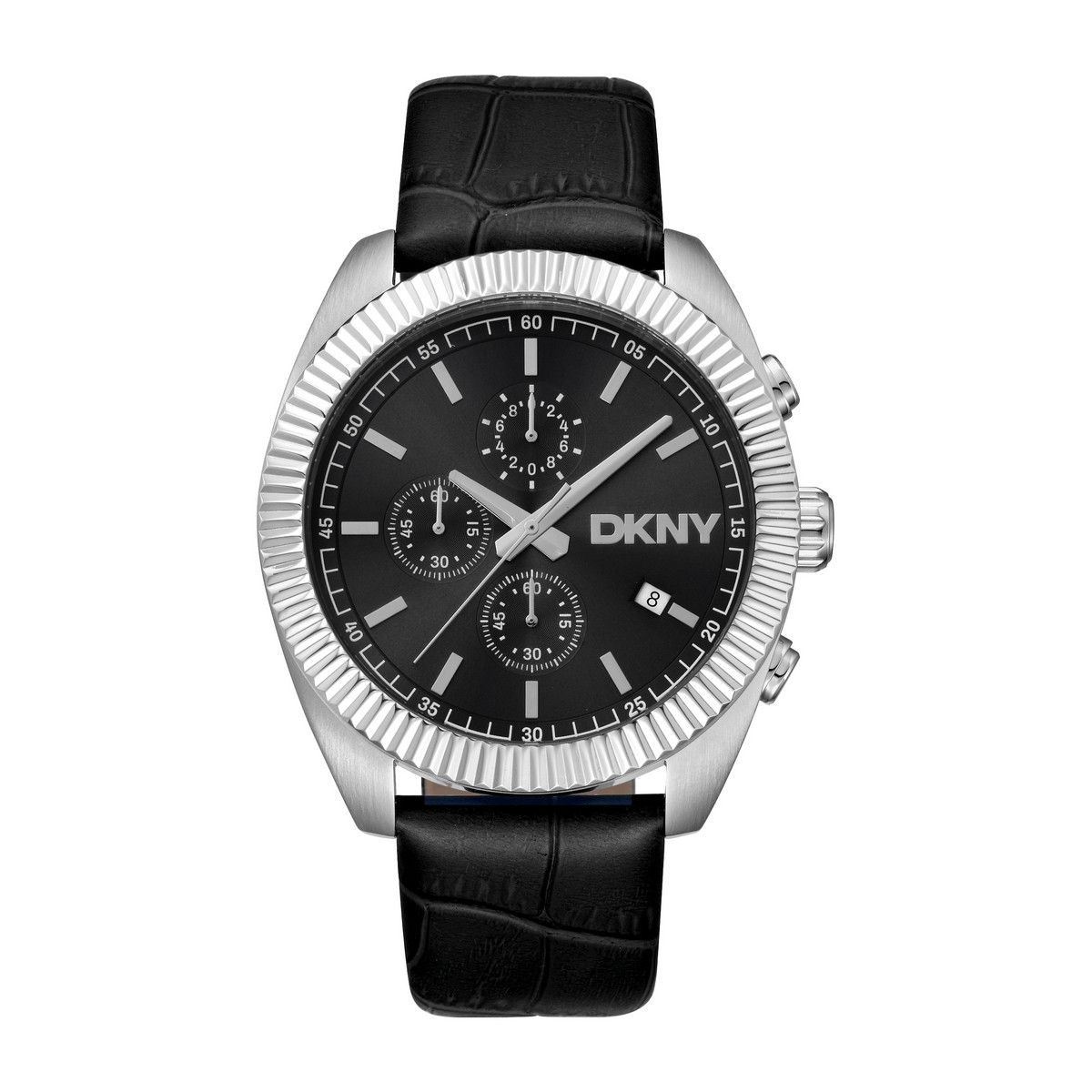 Click here for Mens DKNY Bezel Chronograph Black Leather Watch -... prices