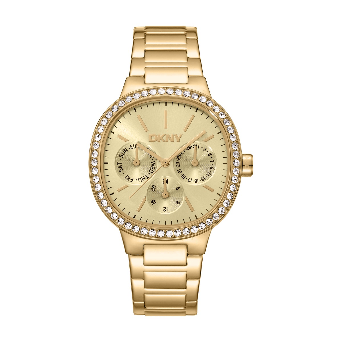 Click here for Womens DKNY Crystal Bezel Gold Multifunctional Wat... prices