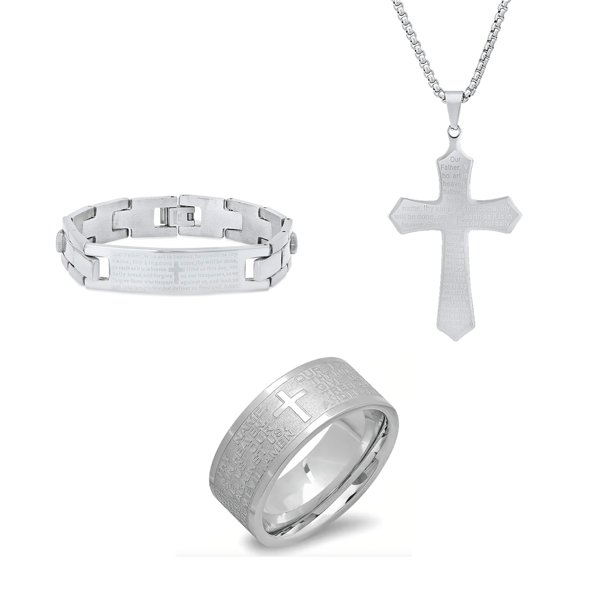Click here for Mens Iron Saints Faith Silver Lords Prayer Engrave... prices