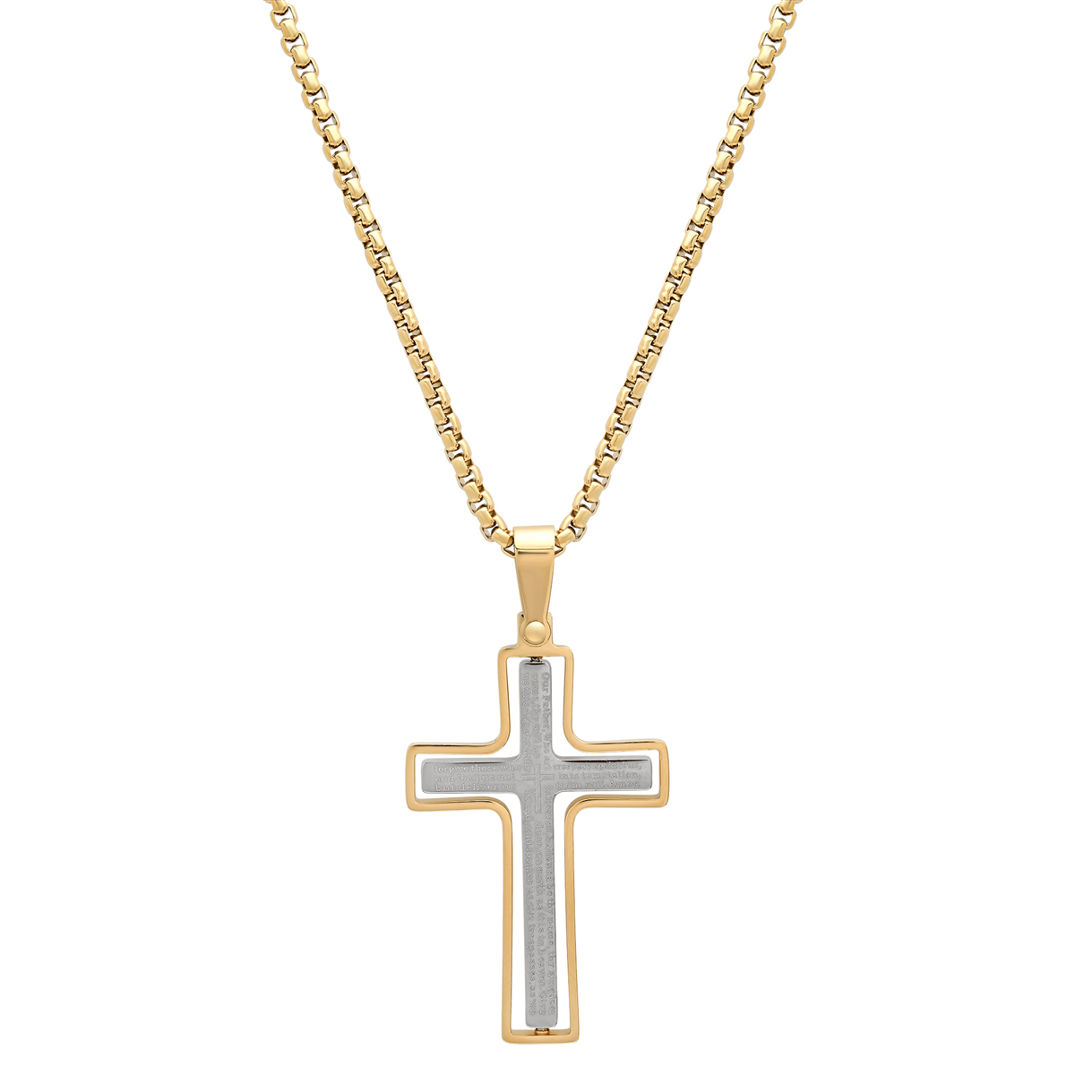 Click here for Mens Iron Saints Our Father Prayer Two-Tone Cross... prices