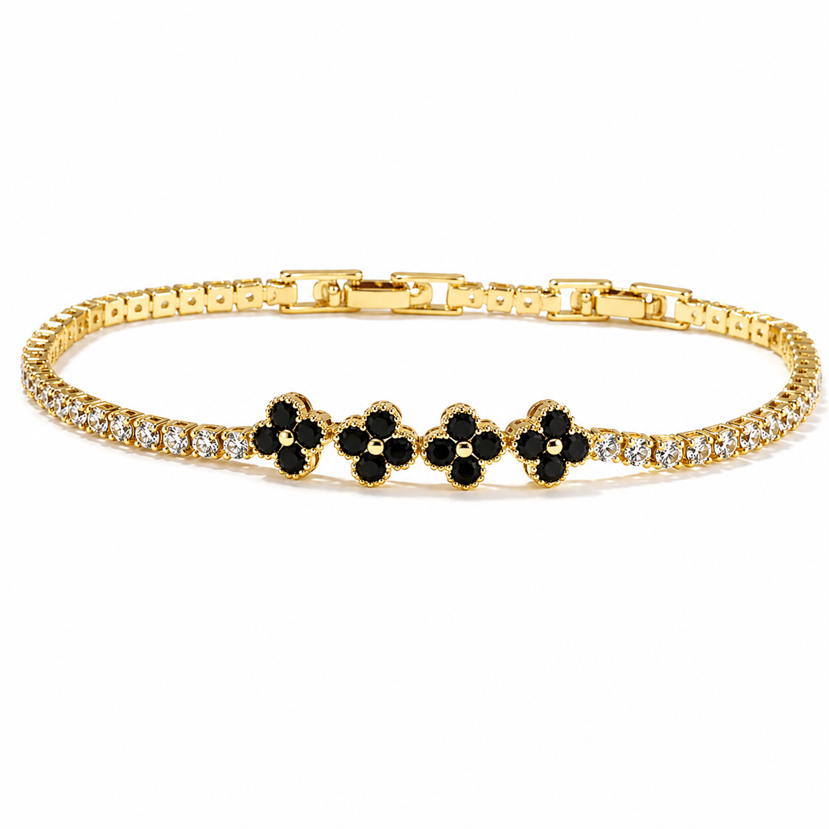 Click here for Saffron 18kt. Gold-Plated Black CZ Flower Bracelet prices