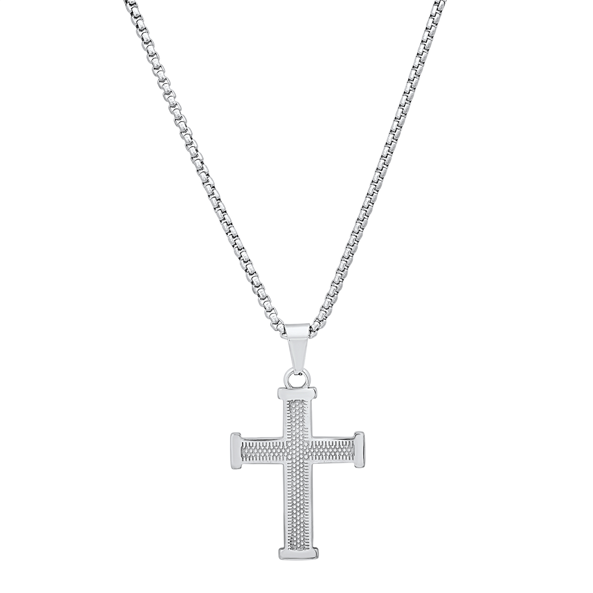 Click here for Mens Iron Saints Textured Silver Cross Box Chain N... prices
