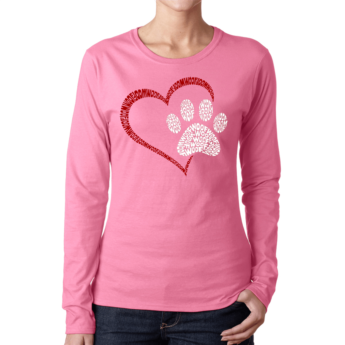Click here for Womens LA Pop Art Paw Heart Woof Word Art Long Sle... prices