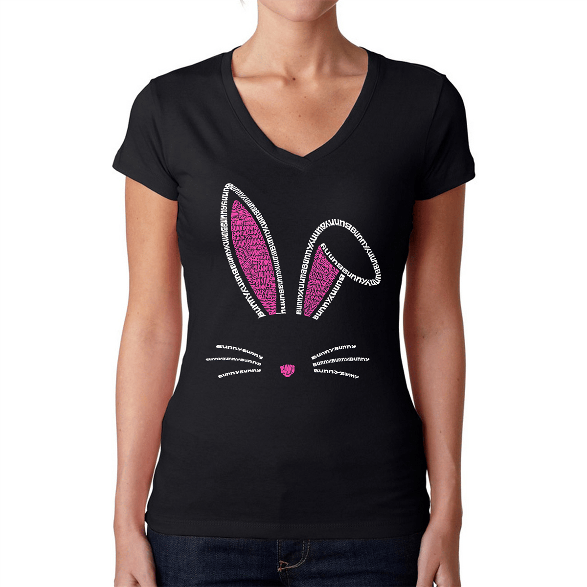 Click here for Womens LA Pop Art Bunny Ears Word Art V-Neck T-Shi... prices