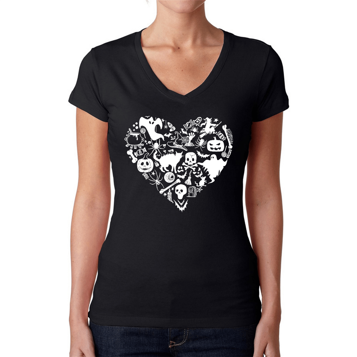 Click here for Womens LA Pop Art Halloween Heart Word Art V Neck... prices