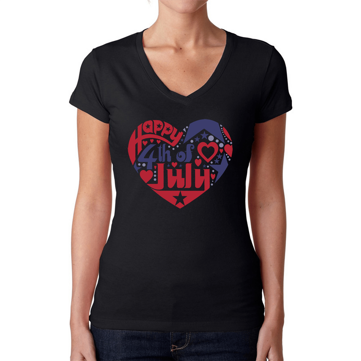 Click here for Womens LA Pop Art July 4th Heart Word Art V-Neck T... prices