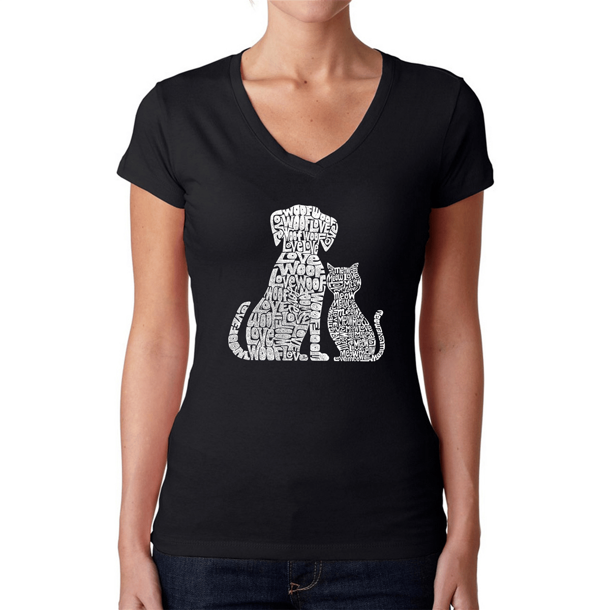 Click here for Womens LA Pop Art Dogs and Cats Word Art V Neck Te... prices