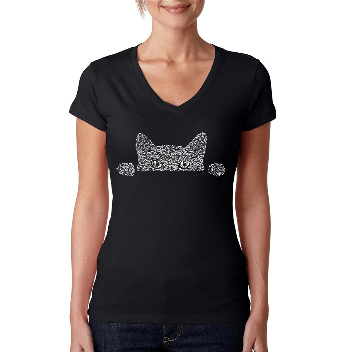 Click here for Womens LA Pop Art Peeking Cat Word Art V-Neck Tee prices