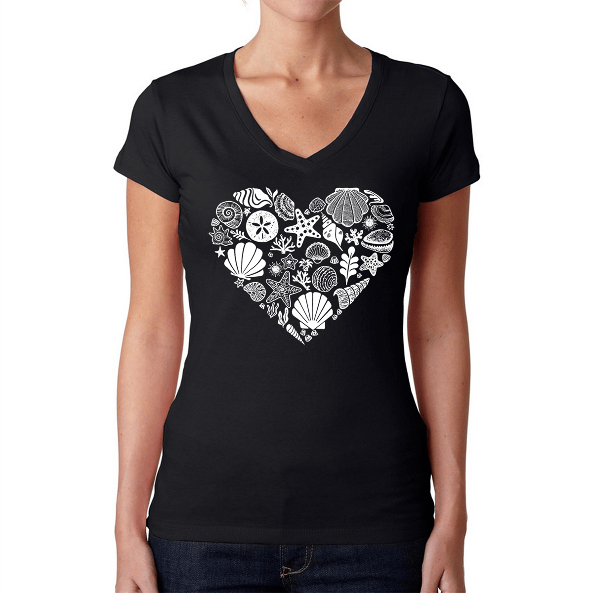 Click here for Womens LA Pop Art Sea Shells Word Art V-Neck T-Shi... prices