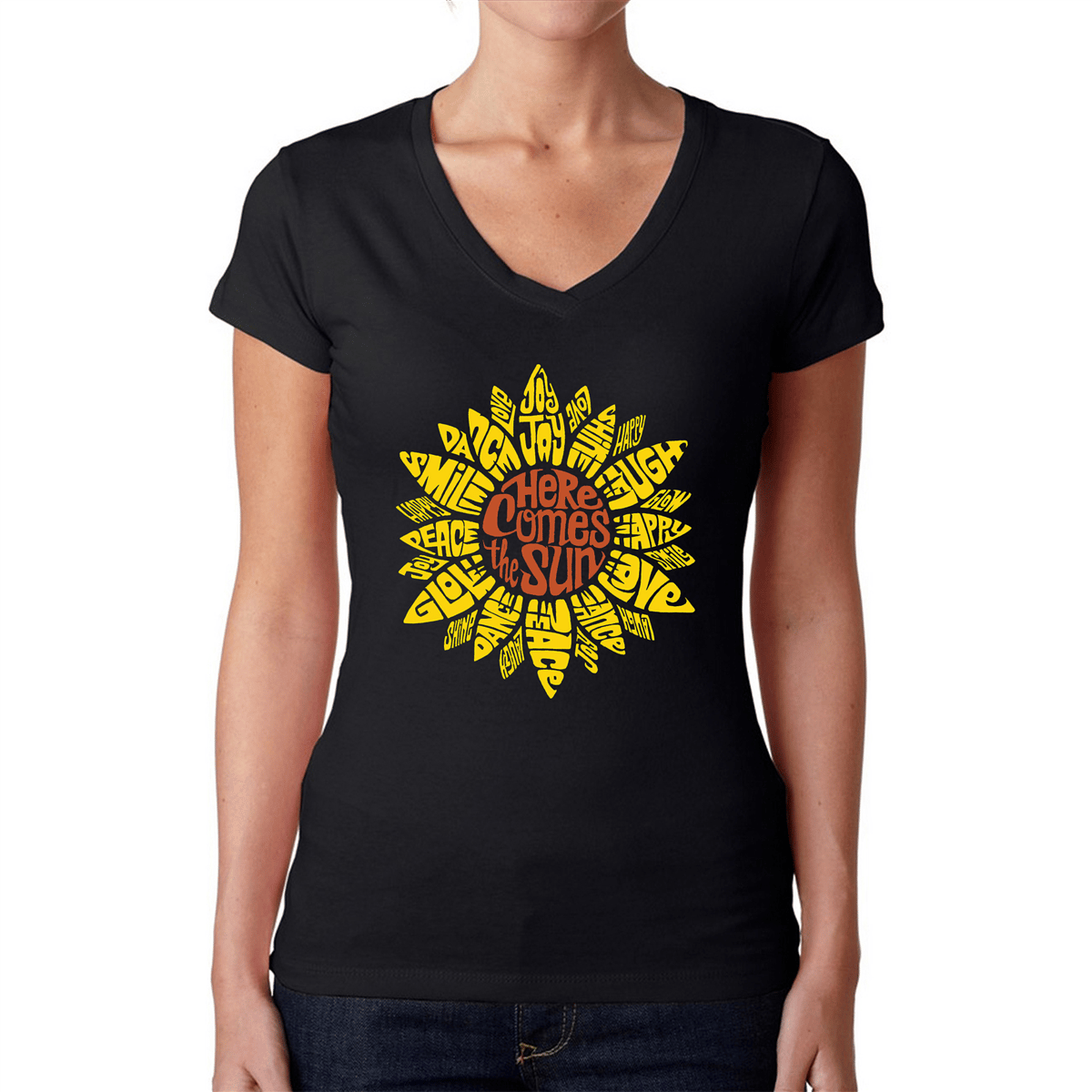 Click here for Womens LA Pop Art Sunflower Word Art V-Neck Graphi... prices