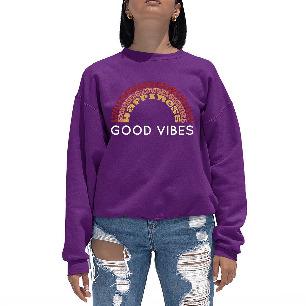 Click here for Womens LA Pop Art Good Vibes Word Art Crewneck Swe... prices