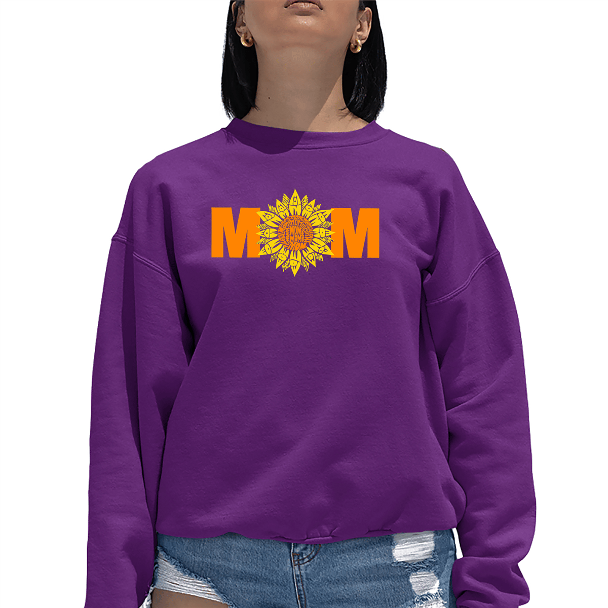 Click here for Womens LA Pop Art Mom Sunflower Word Art Crew Neck... prices