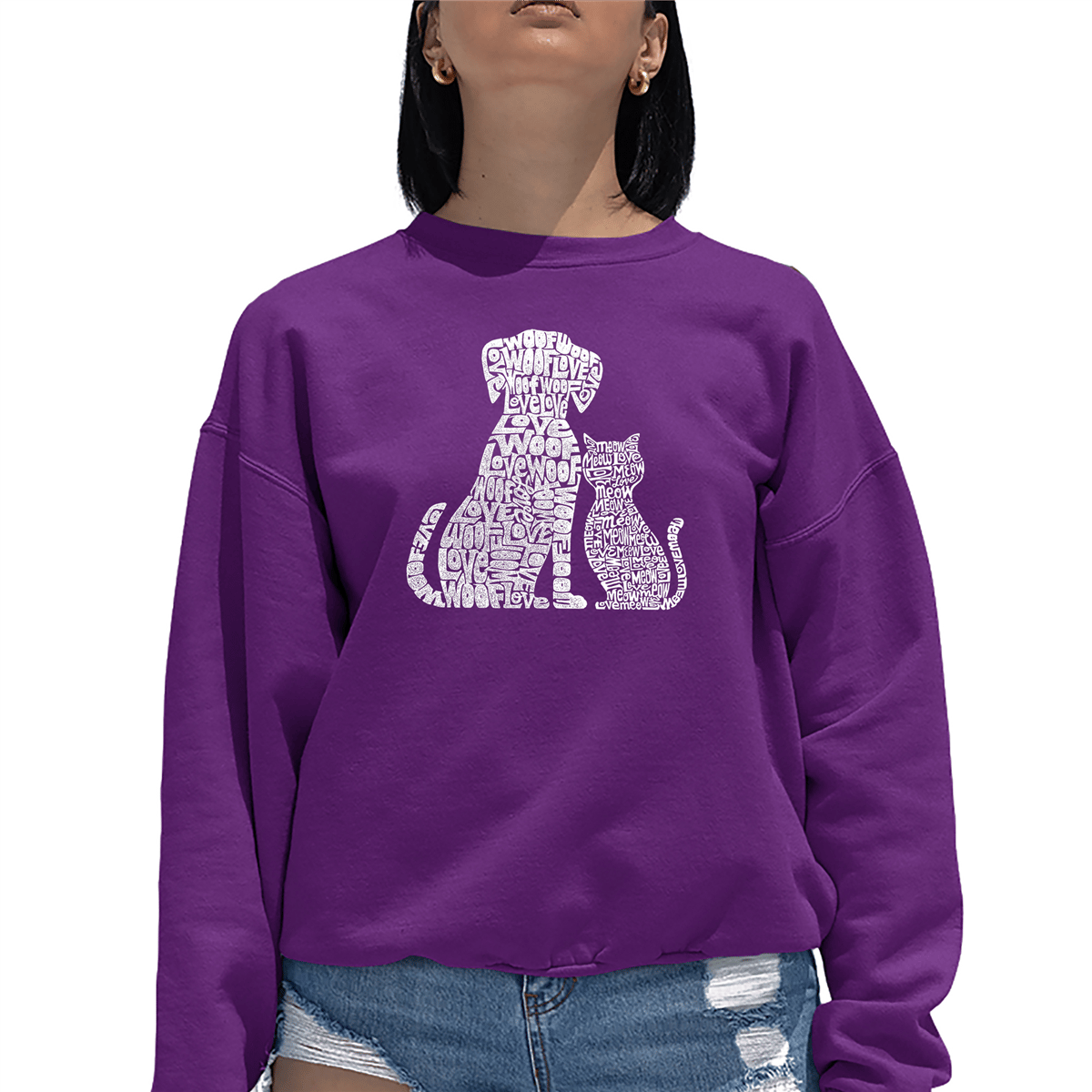 Click here for Womens LA Pop Art Dogs And Cats Word Art Crew Neck... prices