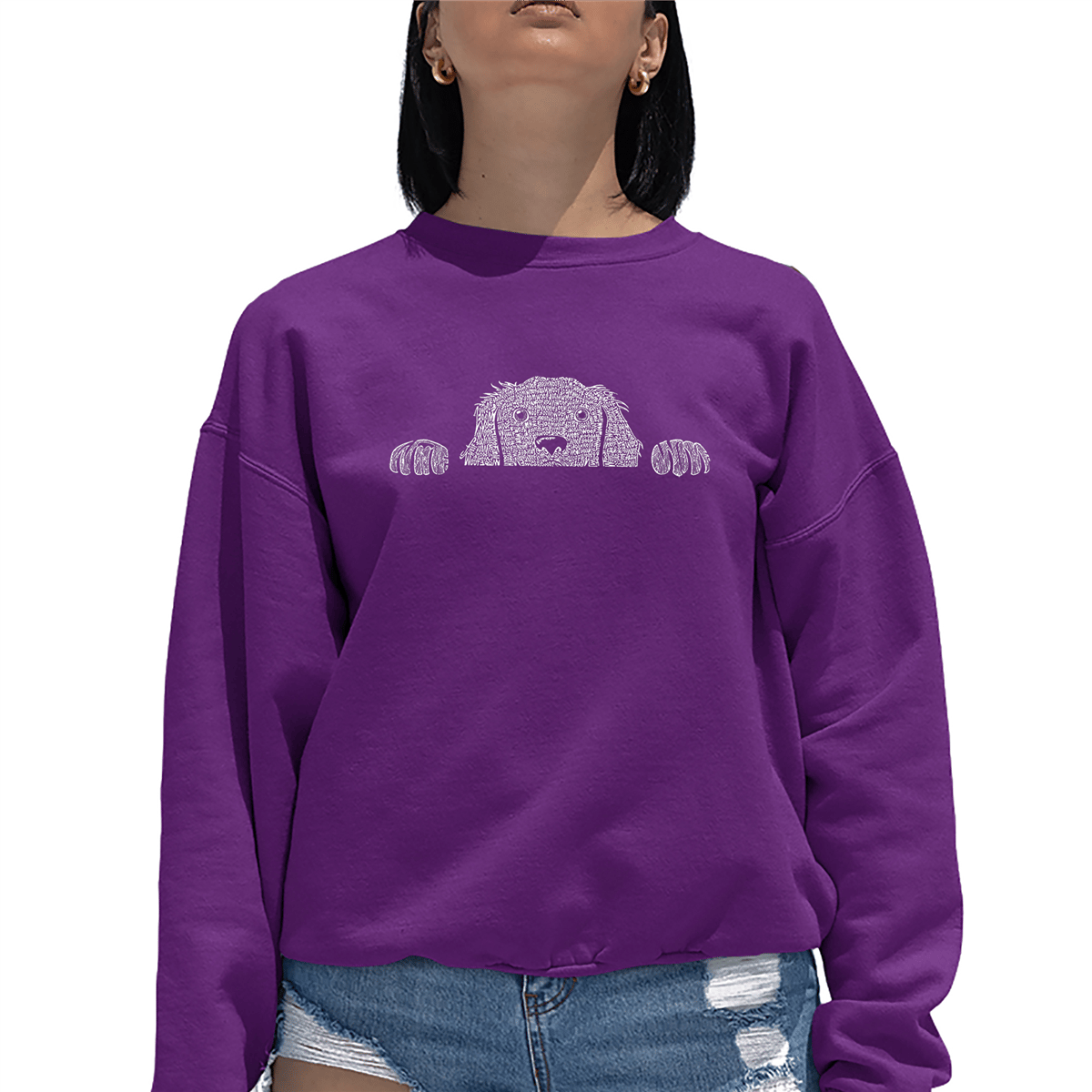 Click here for Womens LA Pop Art Peeking Dog Word Art Crew Neck S... prices