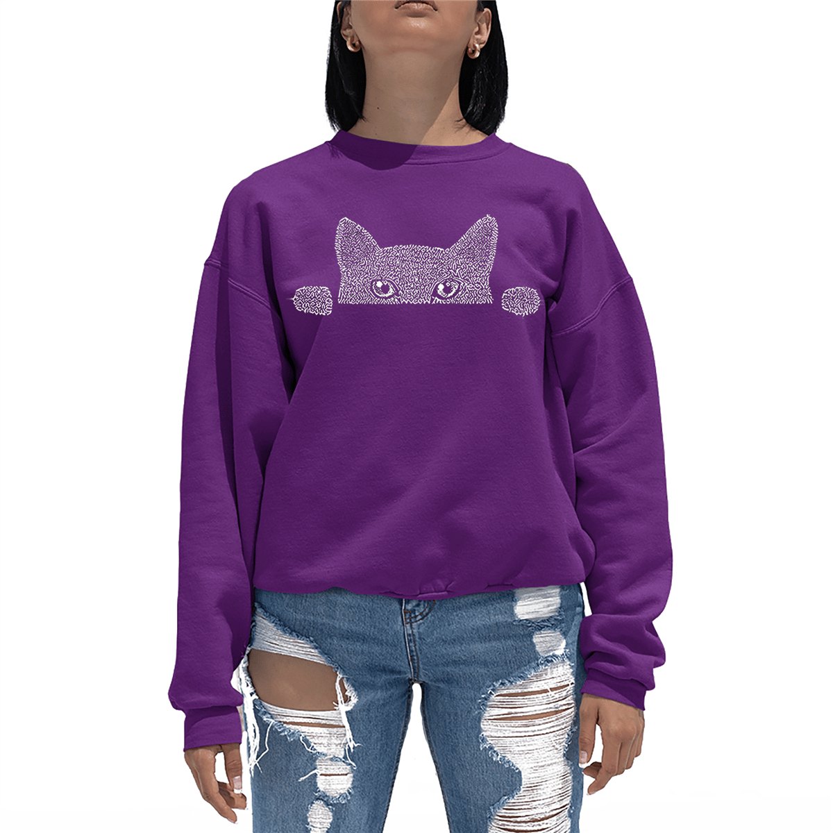 Click here for Womens LA Pop Art Peeking Cat - Word Art Crewneck... prices