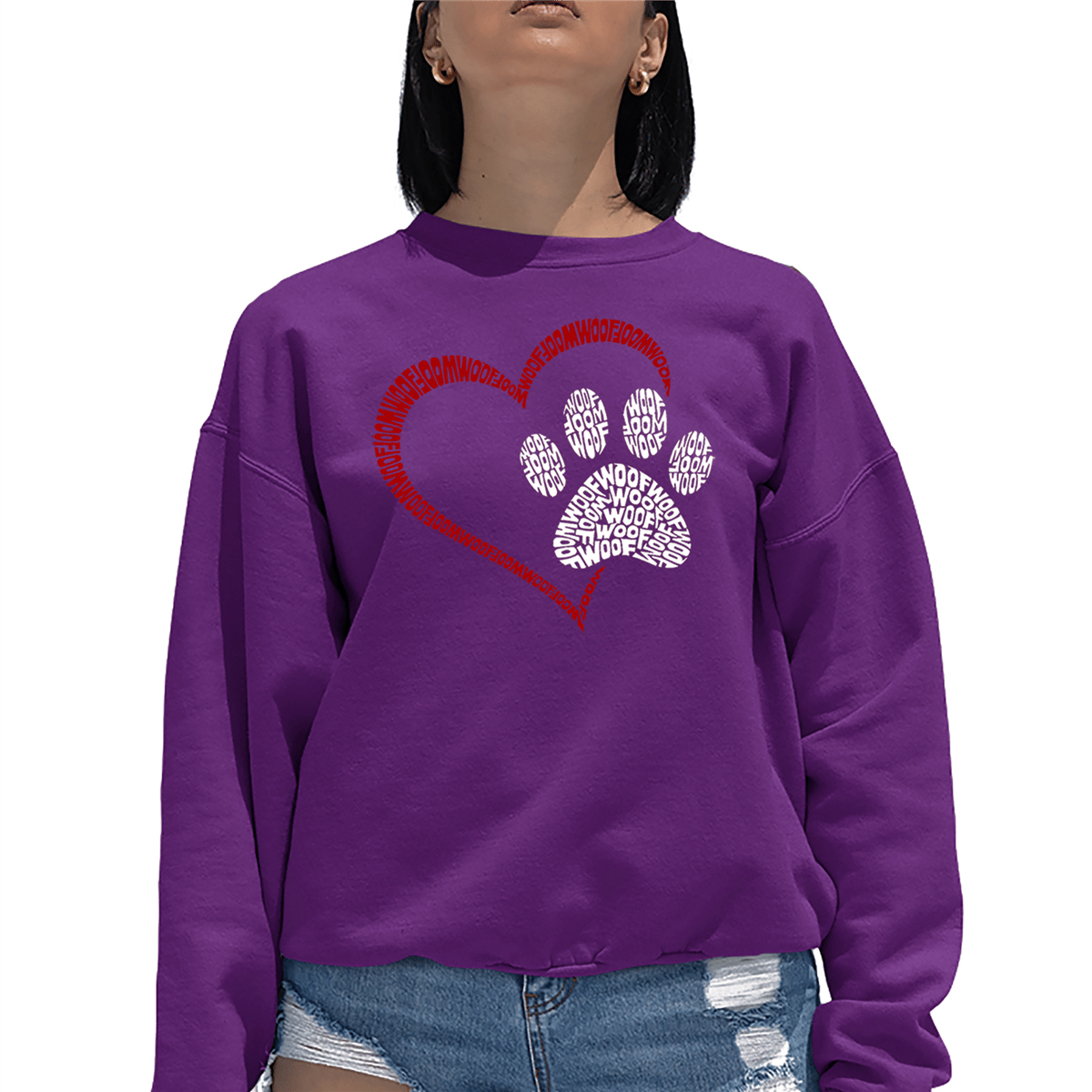 Womens LA Pop Art Paw Heart Woof Word Art Crew Neck Sweatshirt