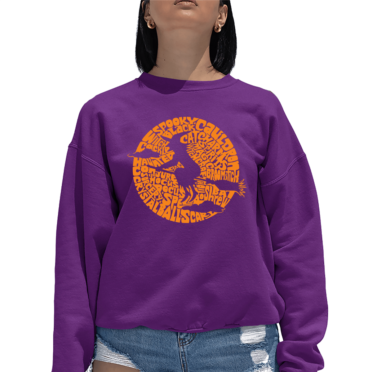 Click here for Plus Size LA Pop Art Spooky Witch Word Art Crewnec... prices