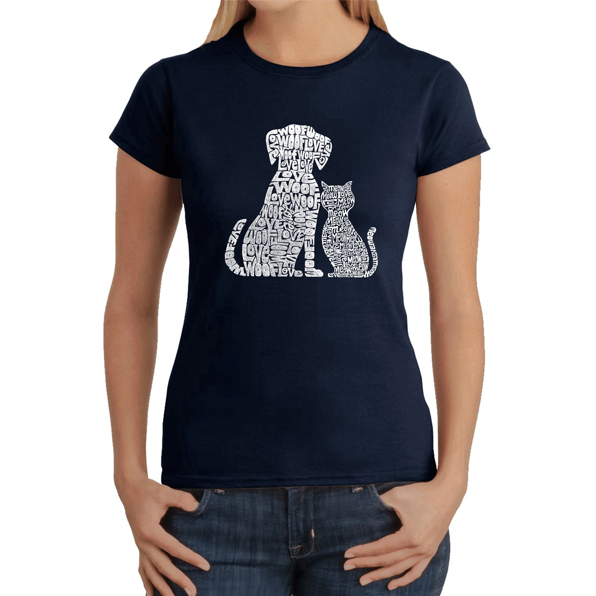 Womens LA Pop Art Dog and Cat Word Art Tee