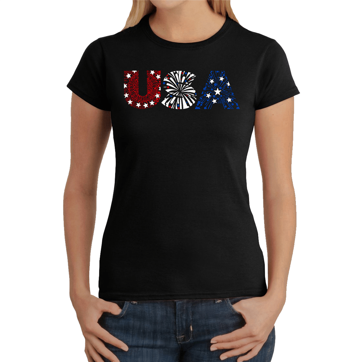 Click here for Womens LA Pop Art Usa Fireworks Word Art T-Shirt prices
