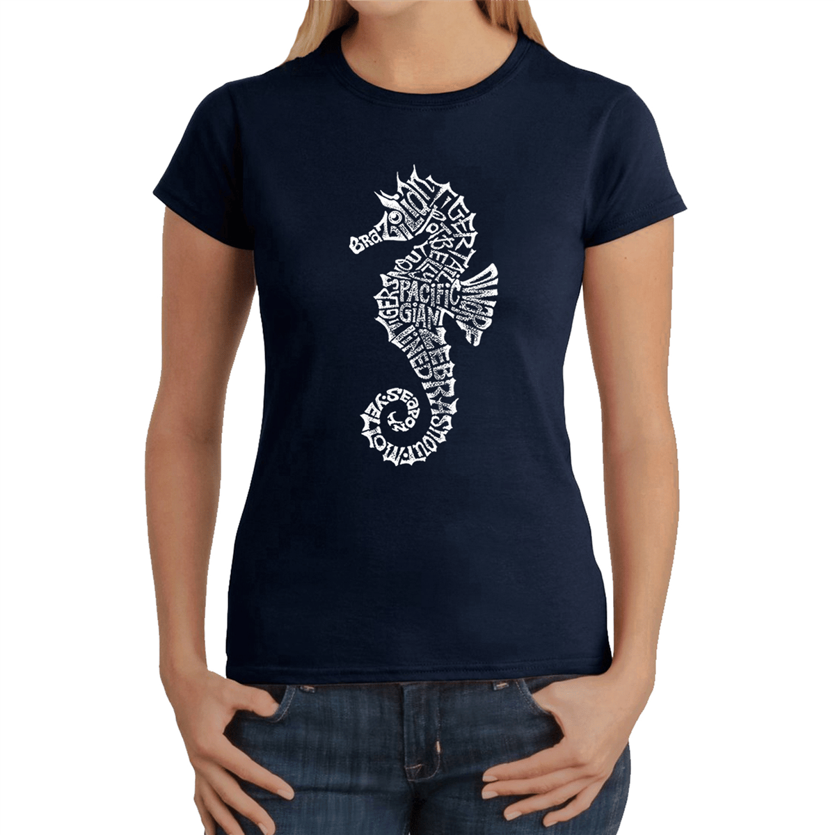 Click here for Womens LA Pop Art Types Of Seahorse Word Art T-Shi... prices
