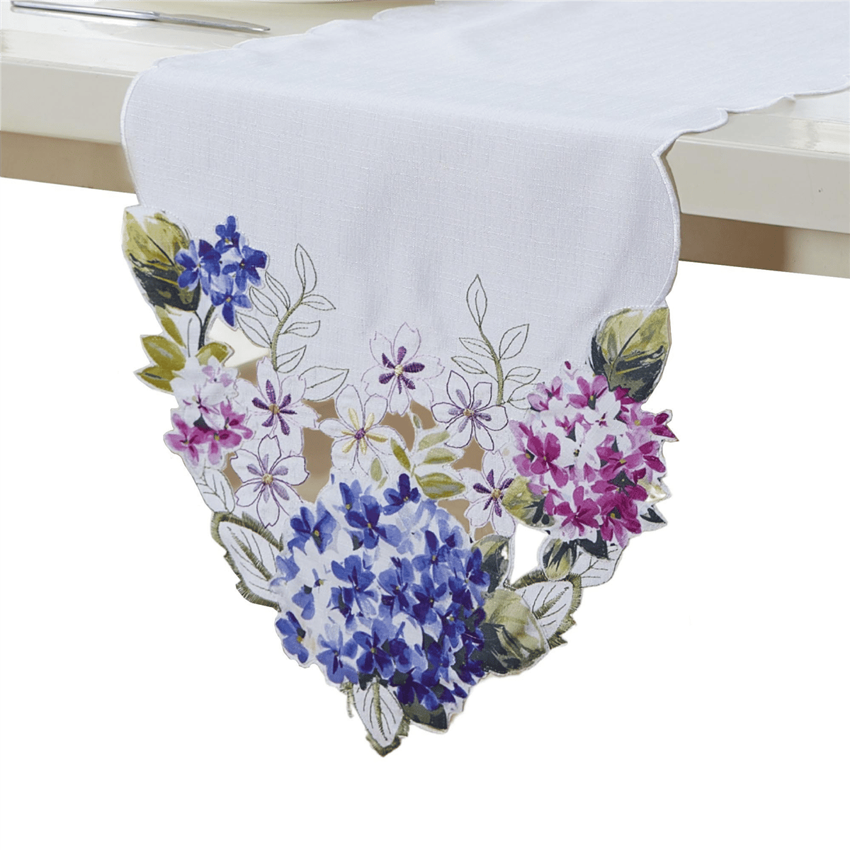Threadmade Spring Hydrangea Floral Cutwork Table Runner