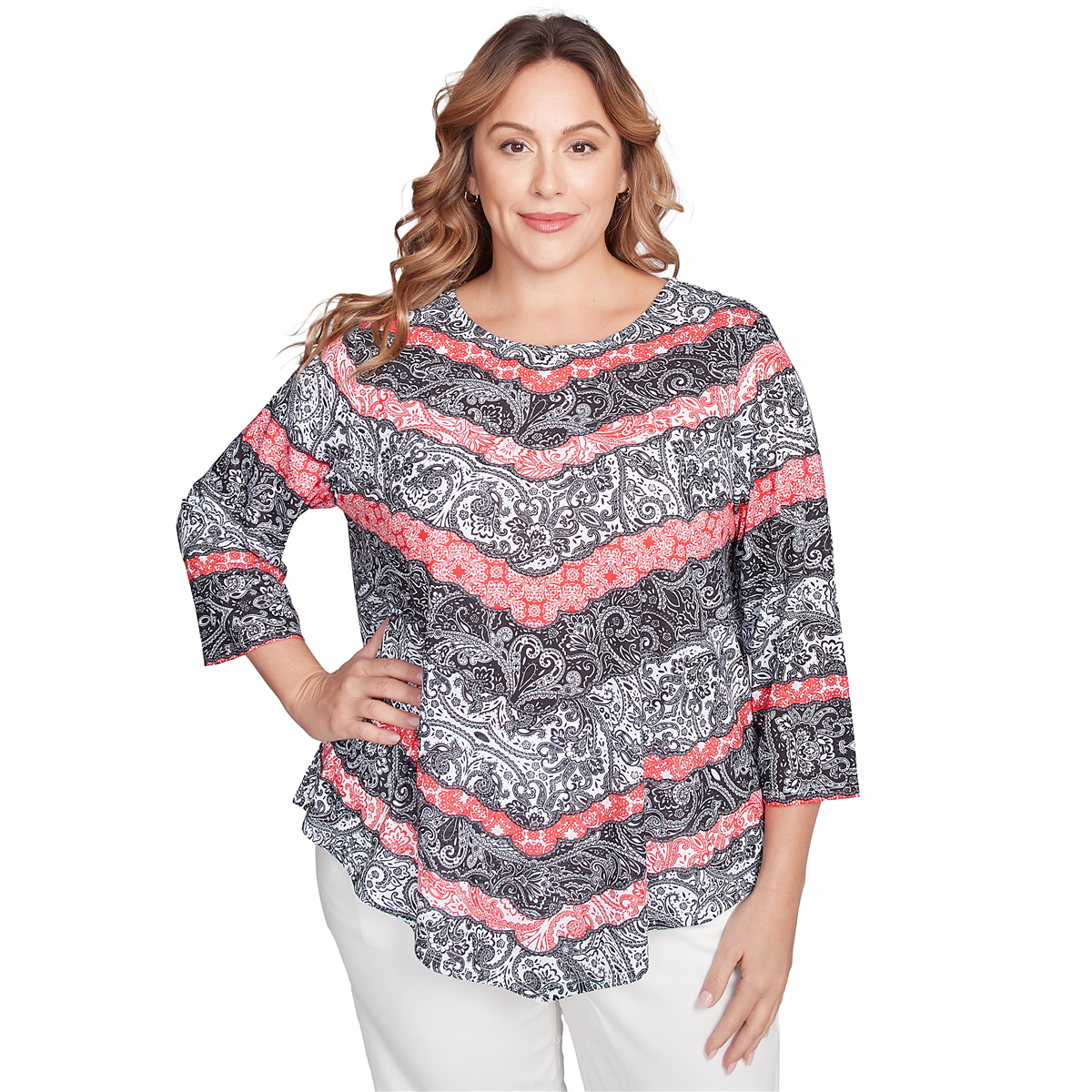 Click here for Plus Size Larky Lark 3/4 Sleeve Chevron Scroll Blo... prices