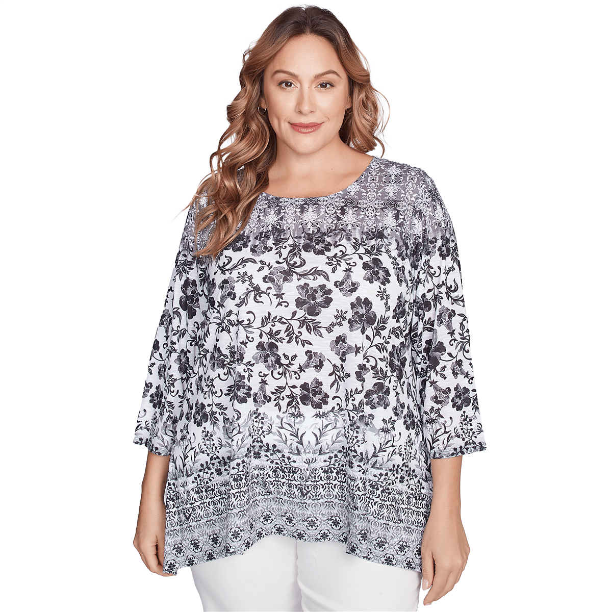 Click here for Plus Size Larky Lark 3/4 Sleeve Floral Ombre Borde... prices